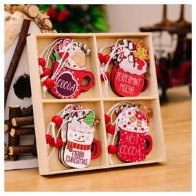 Sada vánočních dřevěných ozdob HOT DRINKS, 12 ks