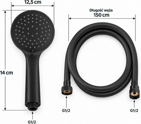 Erga Wemi, 3-funkční ruční sprcha s hadicí 150 cm, 12,5 × 14 cm, černá matná, ERG-YKA-BP.WEMI-BLK