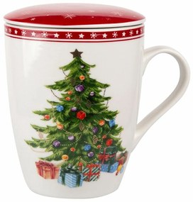 Altom Porcelánový hrnek s víčkem a sítkem Christmas tree, 300 ml