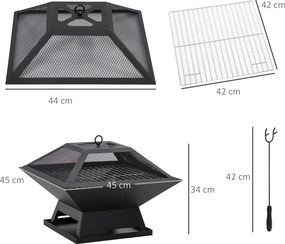 Zahradní ohnivý koš Outsunny s roštem a ochranou proti jiskrám, ocelově černý 45x45x34cm, včetně pohrabáče pro příjemné večery | Aosom.de