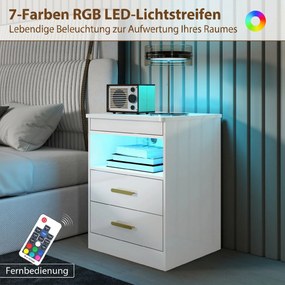 HOMCOM Noční stolek, přídavný stolek s nabíjecí stanicí a RGB LED osvětlením, vysoký lesk bílá