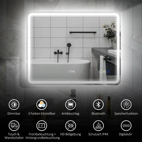 HOMCOM Koupelnové zrcadlo s LED osvětlením, protimlžnou podložkou, 3 nastavitelné barvy, hodiny, 700 x 900 mm, stříbrná barva