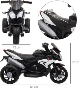 HOMCOM Dětská elektrická tříkolka Trimoto pro děti od 3 let s dobíjecí 6V baterií, hudebním klaksonem a světlomety 86x42x52 cm Černobílá