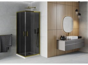 Mexen Rio, čtvercový sprchový kout s posuvnými dveřmi 70 (dveře) x 70 (dveře) x 190 cm, 5mm šedé sklo, zlatý profil + bílá sprchová vanička SLIM, 860-070-070-50-40-4010G