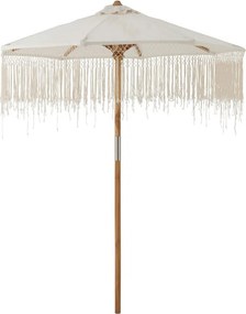 Bílý slunečník s dřevěnou tyčí a třásněmi Macrame - ∅ 200 * 250 cm