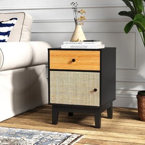 Costway Ratanový noční stolek se zásuvkou a skříňkou v boho stylu, černý