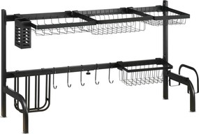 HOMCOM Sušák na nádobí, dvouúrovňový stojan na sušení nádobí, sušák o rozměrech 51-93 cm s háčky, odkapávač pro kuchyňský dřez, nerezová ocel, černý
