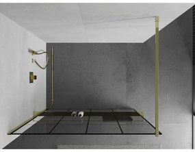 Mexen Kioto+, sprchová zástěna s poličkou a držákem na ručníky 140 x 200 cm, 8mm čiré sklo vzor černý, zlatý profil, 800-140-121-50-77