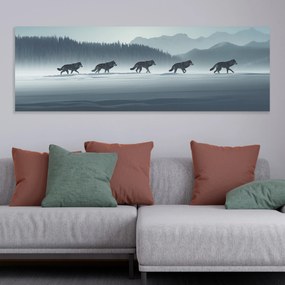 Obraz na plátně - Na Stopě, smečka vlků v zasněžené krajině FeelHappy.cz Velikost obrazu: 180 x 60 cm