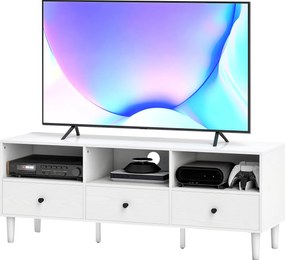 HOMCOM Moderní TV stolek do obývacího pokoje s 3 otevřenými přihrádkami, 3 zásuvkami a otvorem na kabely pro TV 45/55/65 palců 120x34x45 cm Bílý | Aos