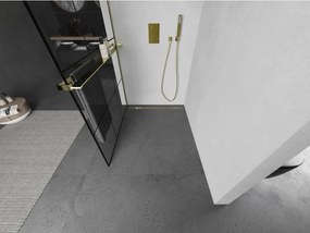 Mexen Kioto+ L, sprchová zástěna Walk-In s poličkou a věšákem 110 x 200 cm, 8mm čiré sklo černý vzor, ​​zlatý lesklý profil, 800-110-123-50-77