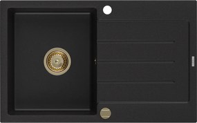 Mexen Bruno, granitový dřez 795x495x200 mm, 1-komorový, černá se zlatým sifonem, 6513791010-77-G