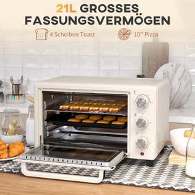 HOMCOM Mini trouba 21L Pizza Mini trouba Plech na pečení Plech na drobky 1400W Pultová trouba 1h Časovač 100-230°C Kovový krém