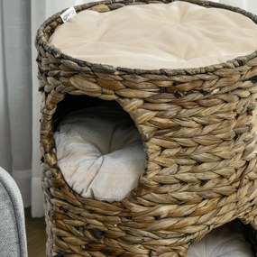 Škrabadlo PawHut vysoké 73 cm se 3 jeskyněmi a polštáři, škrabadlo s pelíškem z vodního hyacintu, tmavě hnědé pro milovníky koček | Aosom.de