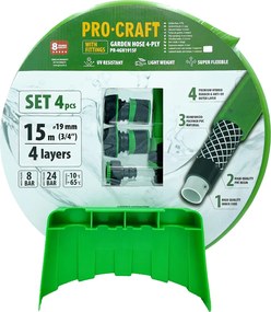 Procraft PR-4GH1915F - zelená zahradní hadice, 4 vrstvy, 3/4", 15m