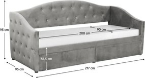 Postel ZASKA šedá 90x200 s úložným prostorem, Velvet látka, Kondela 0000396165