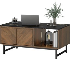 HOMCOM konferenční stolek, stůl do obývacího pokoje, deska s mramorovým vzhledem, 2 dveře a 2 otevřené přihrádky, 100 x 50,8 x 45,7 cm, ořech