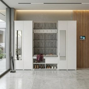 Předsíňová stěna Trinity 10 s čalouněnými panely, 280 cm, bílá / šedá