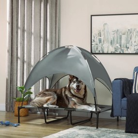 PawHut Elevované Psí Lůžko s Přístřeškem, Psí Postel, Venkovní Psí Lounge s Krytem, Prodyšné, Taftová Tkanina pro Kempování Šedá 122 x 92 x 108 cm