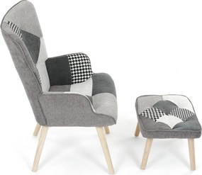 Relaxační křeslo ušák LISA + taburet — masiv, látka, černobílý patchwork