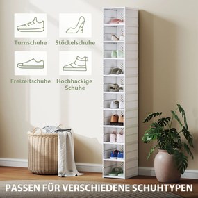 HOMCOM Sada 10 skládacích botníků, stohovatelné plastové úložné boxy na boty s víky, úložný prostor pro boty až do velikosti 43, bílá, 26x35x174cm