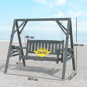 2místná zahradní houpačka, dřevěná houpací lavice s policemi, držákem na nápoje a kovovými řetězy, šedá barva