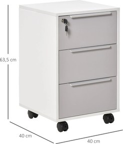 HOMCOM zásuvková jednotka se 3 zásuvkami – kancelářský file cabinet s kolečky, zámkem a 2 klíči pro domácí kancelář 40x40x63,5 cm bílá a šedá