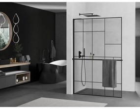 Mexen Kioto+ L, sprchová zástěna Walk-In s poličkou a věšákem 80 x 200 cm, 8mm čiré sklo černý vzor, ​​černý profil, 800-080-123-70-78