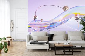 Fototapeta Abstract 3D Render. Glass Ribbon On Water With Geometric Circle And Spheres. Holographic Shape In Motion. Iridescent Digital Art For Banner Background, Wallpaper. Transparent Glossy Design Element. Omyvatelný vlies 368x280