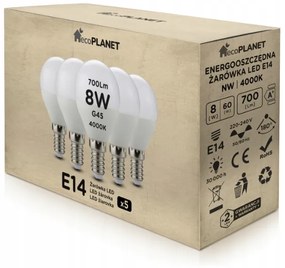 5x LED žárovka E14 - G45 - 8W - 700lm - neutrální bílá