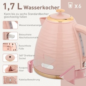 HOMCOM 2v1 toustovač a rychlovarná konvice, 7 stupňů opékání, funkce rozmrazování a ohřívání, růžová