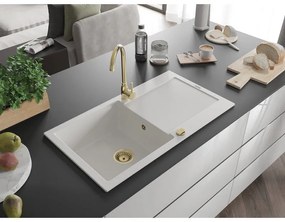 Mexen Leo, 1-komorový granitový dřez s odkapávačem 90x50 cm a kuchyňskou baterií Telma, bílá, 6501-20-670200-50