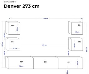 Ral Obývací stěna DENVER 3, 273 cm - Bílý lesk