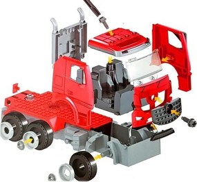 LEAN Toys Stavebnicová sada „Hasičské auto 2 v 1“ – vyměnitelné zdviže, šroubovák, zvuky, světelné efekty, přilba