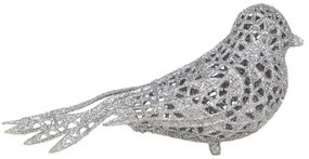 Vánoční ozdoba stříbrný třpytivý ptáček na kolíčku – 16x6x6 cm