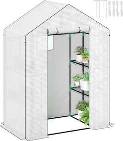 Outsunny Skleník s policemi, miniskleník, odolný proti UV záření, síťované okno, dveře na zip, 143L x 74W x 190H cm, bílý