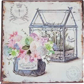 Nástěnná kovová cedule se skleníčkem a květy Jardin - 30*30 cm
