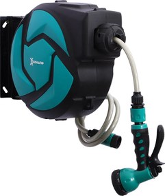 DURHAND Skládací hadicový buben 10m s 7 režimy zavlažování - Automatický systém navíjení a zajišťovací konektor pro zahradu a trávník 28x14x34 cm Čern