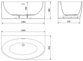 Mexen Bruna, volně stojící vana ke stěně 150 x 82 cm, bílá lesklá, černá matná, 52731508200-70