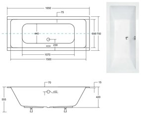 Besco Quadro Slim 165x75, 170x75 akrylátová vana Délka vany: 165cm