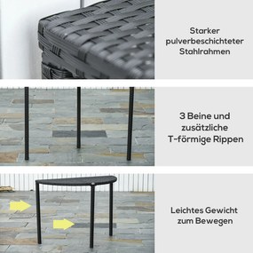 Outsunny Balkonový stůl - Zahradní boční stůl, venkovní nábytek, půlkruhový, polyrattan, kov, černá, 100 x 50 x 74 cm