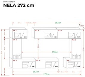 Ral Obývací stěna NELA 5, 272 cm - Bílo/černý lesk