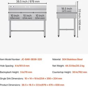 Dřez se 3 přihrádkami, Nerezová ocel 304 o průměru 18 VEVOR – 254 × 356 × 254 mm