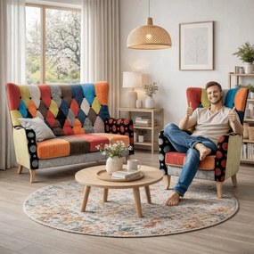 Dvojsedačka, potah látka patchwork, dřevěné nohy, masiv kaučukovník patchwork