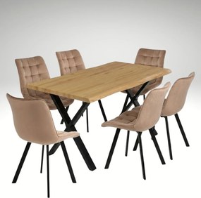 Vikio Jídelní set pro 6 osob 160x90 cm dub noha X béžová židle VJS236-6BE-S