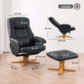 HOMCOM relaxační křeslo s podnožkou, nastavitelné PU relaxační křeslo, 360° otáčení, houpací funkce, černé