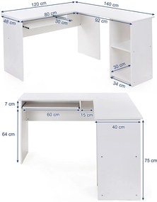 SONGMICS Rohový PC stůl bílý 140x120 cm