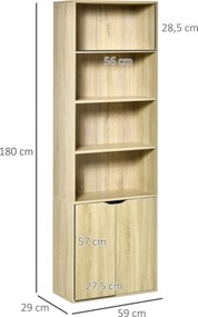 HOMCOM Knihovna se 4 otevřenými přihrádkami a 2 dveřmi pro obývací pokoj, pracovnu a kancelář, nosnost 80 kg, 59x29x180 cm, přírodní