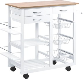 HOMCOM Multifunkční kuchyňský vozík se zásuvkami, koši, policemi, regálem na koření, držákem utěrek a kolečky 92x37x82 cm Bílý | Aosom