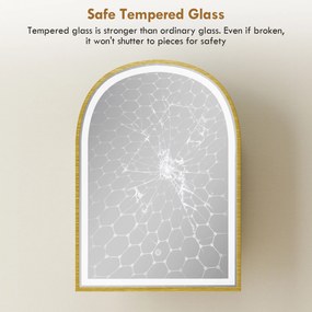 HOMCOM nástěnná koupelnová skříňka se zrcadlem a LED osvětlením, zakřivené dveře, proti zamlžení, 50x14,5x70 cm, zlatá
